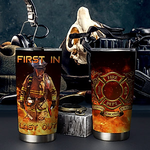 20oz Firefighter Tumbler, First in Last Out, Firefighter Gifts, Coffee Thermos for Men, Stainless Steel Double Wall Vacuum Insulated Coffee Mug, Travel Cup with Lid