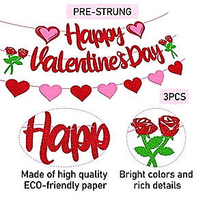 Happy Valentine’s Day Banner Romanic Red Heart Garland for Women Girls Valentine’s Day Themed Anniversary Wedding Engagement Bridal Shower Party Supplies Glitter Decorations