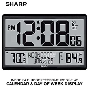 SHARP Atomic Clock - Never Needs Setting! –Easy to Read Numbers - Indoor/Outdoor Temperature, Wireless Outdoor Sensor - Battery Powered - Easy Set-Up!! (4" Numbers)