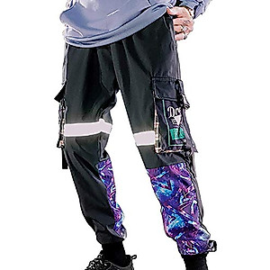 XYXIONGMAO Men's Functional Black and Purple Cyberpunk Reflective Joggers Overalls Ribbon Techwear Sweatpants Hip Hop Streetwear Cargo Pants for Men (Black, S)