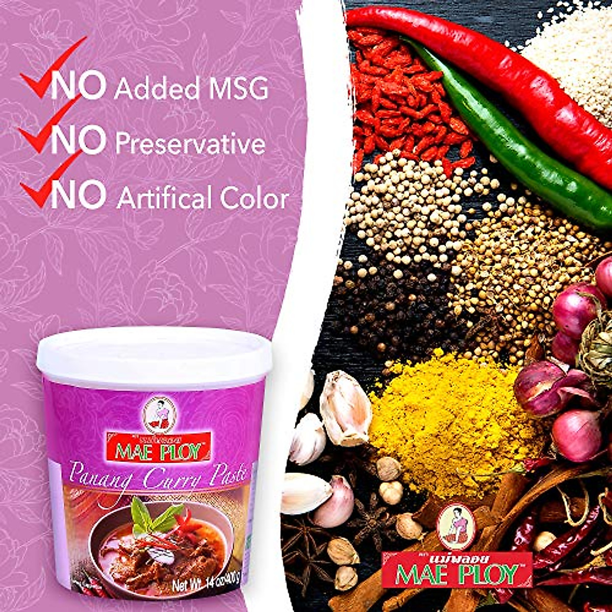 Mae Ploy Panang Curry Paste, Authentic Thai Panang Curry Paste for Thai Curries & Other Dishes, Aromatic Blend of Herbs, Spices & Shrimp Paste, No MSG (14 oz Tub)