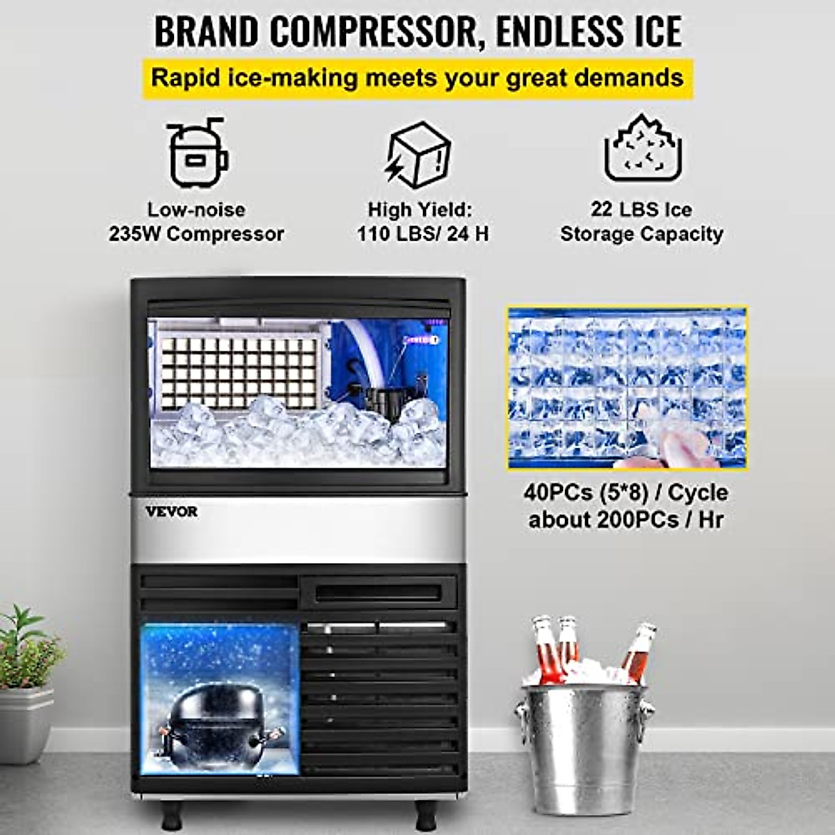 VEVOR 110V Commercial Ice Maker Machine 110LBS/24H with 39LBS Bin, LED Panel, Stainless Steel, Auto Clean, Include Water Filter, Scoop, Connection Hose, Professional Refrigeration Equipment