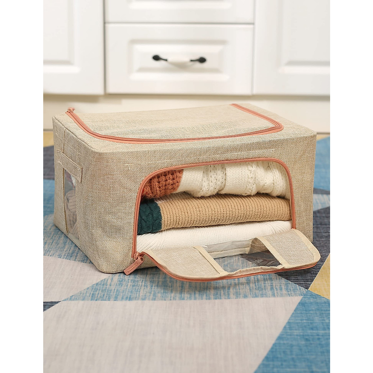 Foldable Clothes Storage Bags with Large capacity, Strong Metal Frame Support, Cotton linen, Cream-colored, BlueGift