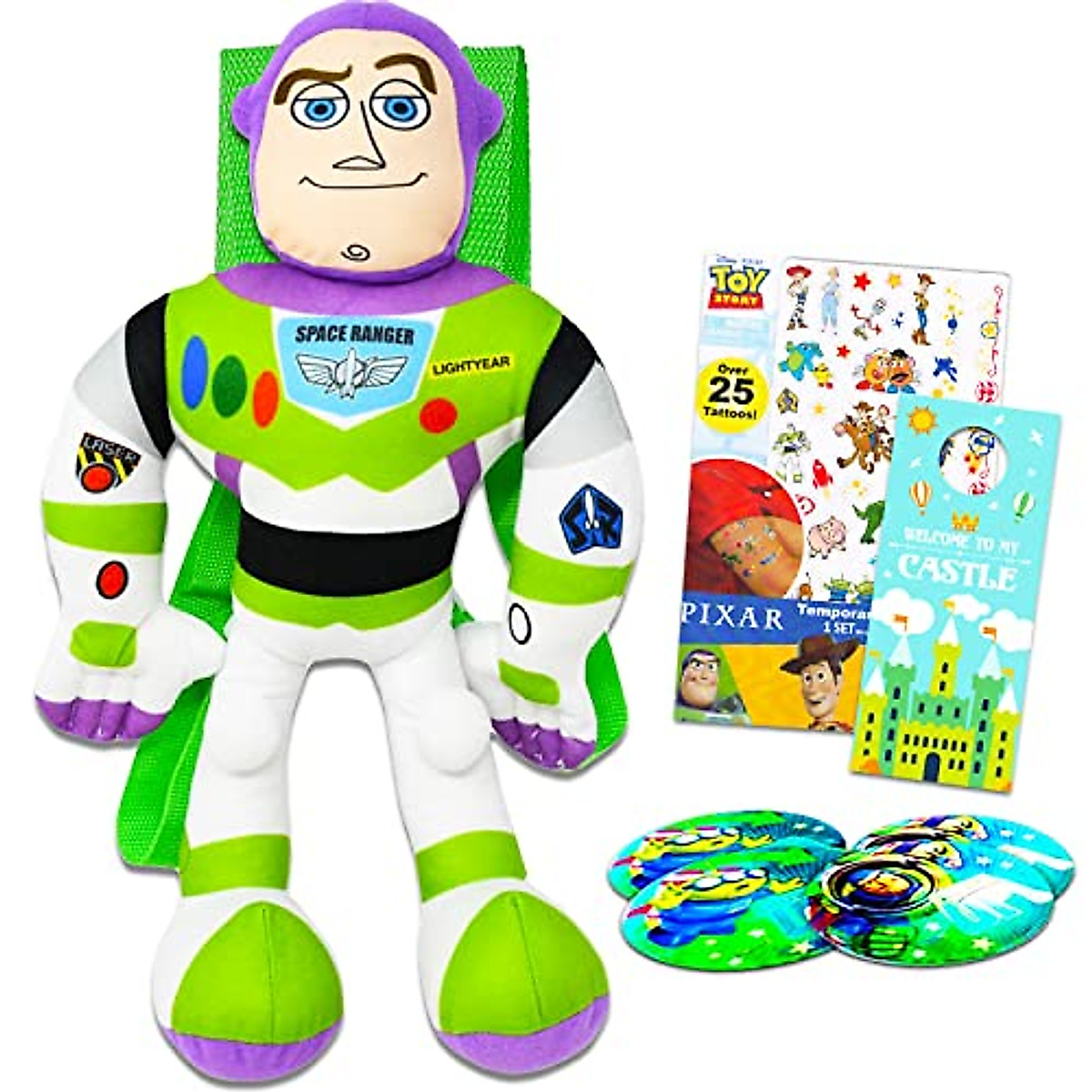 Beach Kids Buzz Lightyear Plush Toy Gift Set - Bundle with Deluxe Buzz Lightyear Plush Doll with Carrying Straps, Toy Story Temporary Tattoos, Mini Puzzles, More | Toy Story Gifts