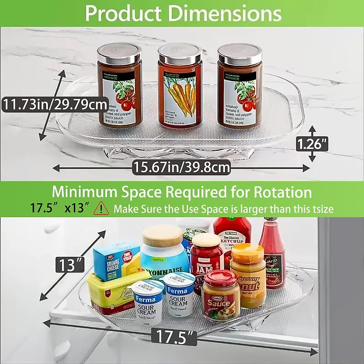 Uaxolwz Lazy Susan Turntable Organizer for Refrigerator, Clear Rectangular Fridge Organizer Storage 15.7 inche, Square Lazy Susan for Refrigerator Cabinet, Table, Pantry, Kitchen, Countertop
