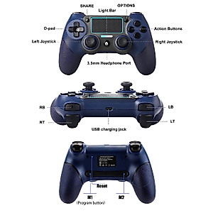 TJPD Wireless Controller for PS4, Wireless Remote Gamepad with 2 Programmable Back Buttons/Turbo/Dual Vibration/Touch Pad/Six-axis Motion (Blue) (Blue)