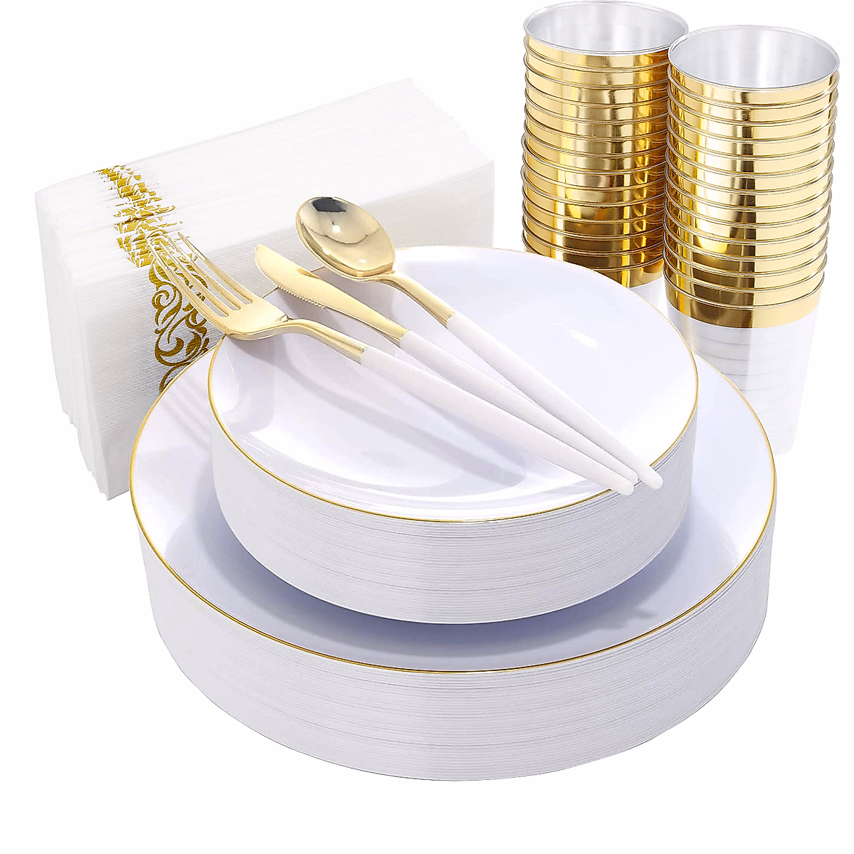 Nervure 140PCS White and Gold Plastic Plates & Disposable Gold Plastic Plates - 20 Dinner Plates, 20 Dessert Plates, 60 Gold Plastic Silverware, 20 Cups, 20 Napkins for Weddings & Party