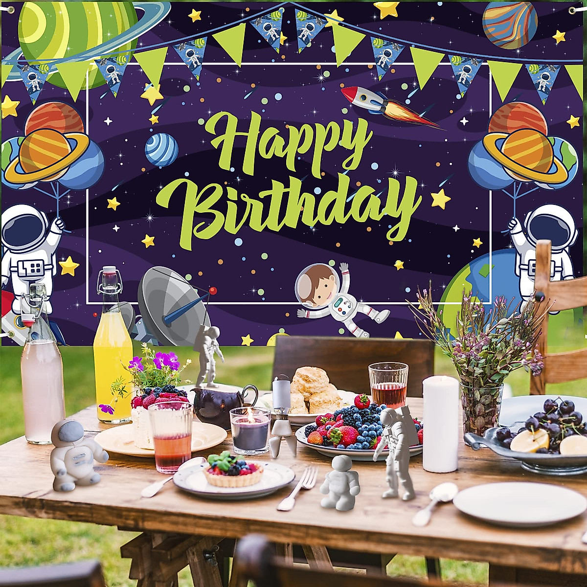 Space Birthday Decorations Banner Outer Space Happy Birthday Banner Backdrop, Astronaut Rocket Space Birthday Banner Space Themed Party Decorations Supplies for Boys Girls Kids 72.8x43.3 Inch