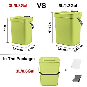 LALASTAR Food Waste Basket Bin for Kitchen, Small Countertop Compost Bin with Lid, Odor-Free Food Scrap Container, Wall Mounted Garbage Can, 3L/0.8 Gal, Green