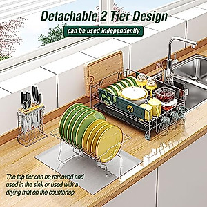 slhsy Dish Drying Rack,2 Tier Dish Racks for Kitchen Counter, Rust-Proof Dish Drainer,Large Dish Drying Rack with Drainboard,Utensil Holder,Knife Block and Drying Mat