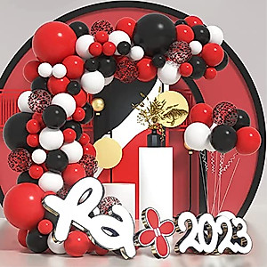 RUBFAC 65pcs 12 Inches Black Red Confetti Balloons Kit, Black Red White Party Balloons with Ribbons for Birthday, Wedding, Baby Shower, Graduation Decorations