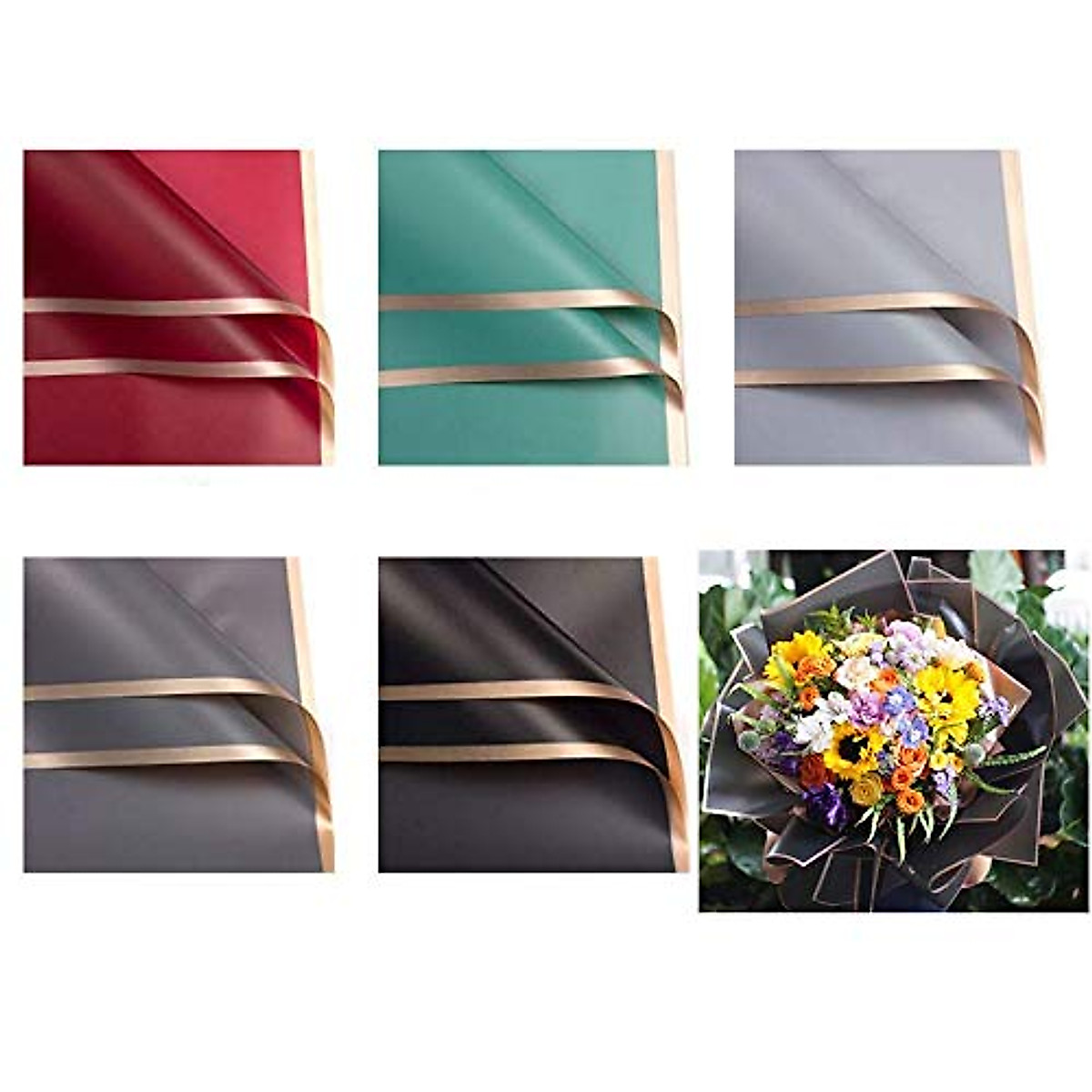 XICHEN 20 Counts /10 Colors Gold Edge Flower Wrapping Paper,Florist Bouquet Supplies,DIY Crafts,Gift Packaging or Gift Box Packaging, Waterproof Floral Wrapping Paper 22.8 * 22.8Inch