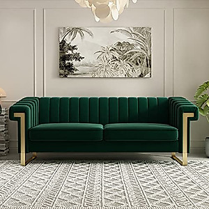 Kadway Green Velvet Loveseat Sofa Couch, 84" Luxury Large Sectional Sofa Couch with Gold Metal Legs for 3-4 Persons, Mid-Century Modern Sofa, Chesterfield Sofa Couch for Living Room Bedroom