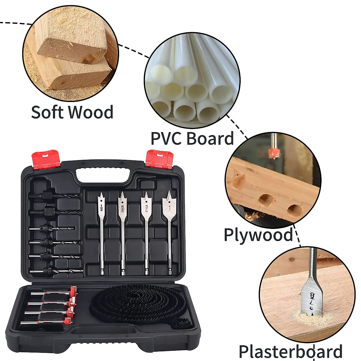 KATA 30PCS Multi-Function Wood Drill Bits Set Hole Saw Kit Set with 3/4"-6" Hole Saw, Countersink Drill Bits, Spade Drill Bits, Carbide Forstner Bits, Ideal for Soft Wood, Plywood, PVC