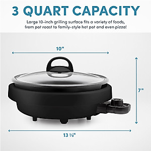 Aroma Housewares ASP-137B Grillet 3Qt. 3-in-1 Cool-Touch Electric Indoor Grill Portable, Dishwasher Safe, with 10 in. Nonstick Pan & Tempered Glass Lid, Black