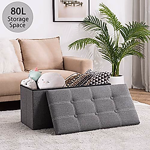 Youdesure Folding Storage Ottoman Bench for Living Room, 30 inch Storage Bench with Padded Seat for Bedroom Hallway, Holds up to 350lbs, Linen Fabric Grey