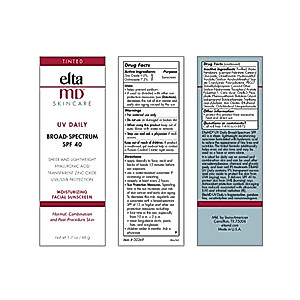 EltaMD UV Daily SPF 40 Tinted Sunscreen Moisturizer Face Lotion, Tinted Sunscreen with Hyaluronic Acid, Broad Spectrum Hydrating Sunscreen, Non Greasy, Sheer, Mineral-Based, 1.7 Ounce