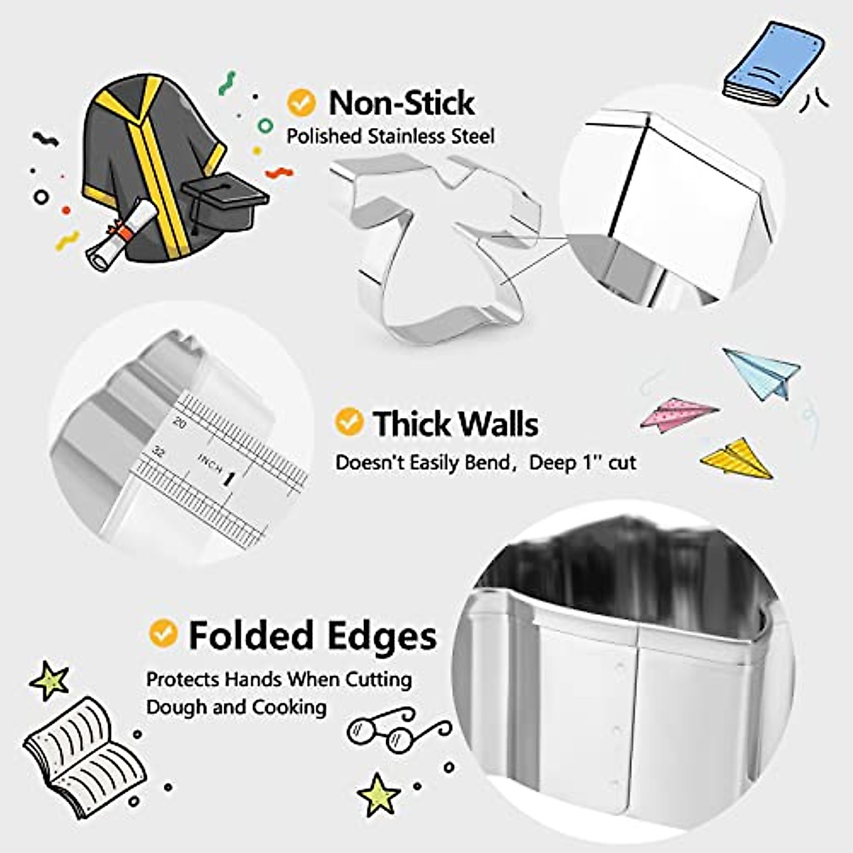 Moukiween Graduation Cookie Cutter Set -Graduation Cap, Diploma, Medallion ,Star,Gown,Plaque Frame,Shooting Star Cookie