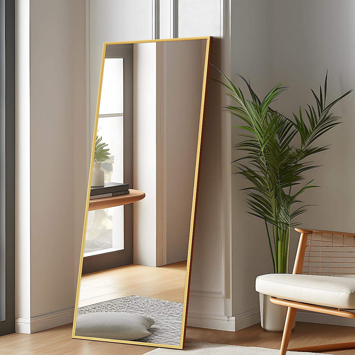 self Full Length Floor Mirror 43"x16" Large Rectangle Wall Mirror Hanging or Leaning Against Wall for Bedroom, Dressing and Wall-Mounted Thin Frame Mirror - Gold, 43" x 16" (USAM004)