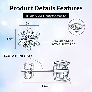 Aziza·Zhol Moissanite Stud Earrings for Women Men Girl, Hypoallergenic S925 Sterling Silver 0.5ct D Color VVS1 Clarity Created Diamond Earrings with Certificate of Authenticity (Six-claw)