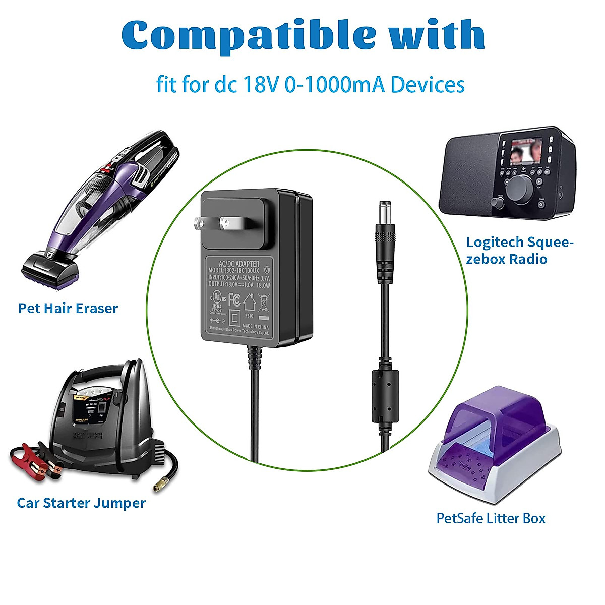 TKDY 18V 1A DC Power Supply Adapter, 110-240V AC to DC 18Volt US Plug fit for 18Vdc 1000mA 750mA 500mA Power Cord for Logitech Squeezebox Wi-Fi Internet Radio.