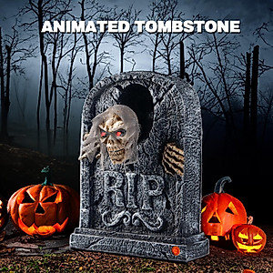 Motion Activated Halloween Animatronics Zombie Tombstone - LED Gravestone Decorations with Spooky Skeleton Skull Head, Light Up Eyes, Creepy Voice, Scary Motion Haunted Horror Prop for Indoor/Outdoor