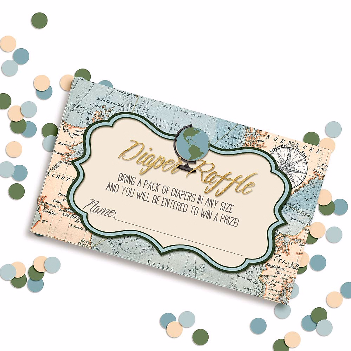 Adventure Awaits World Traveler Gender Neutral Diaper Raffle Tickets for Baby Showers, 20 2" X 3” Double Sided Inserts, Bring a Pack of Diapers to Win Favors & Prizes!