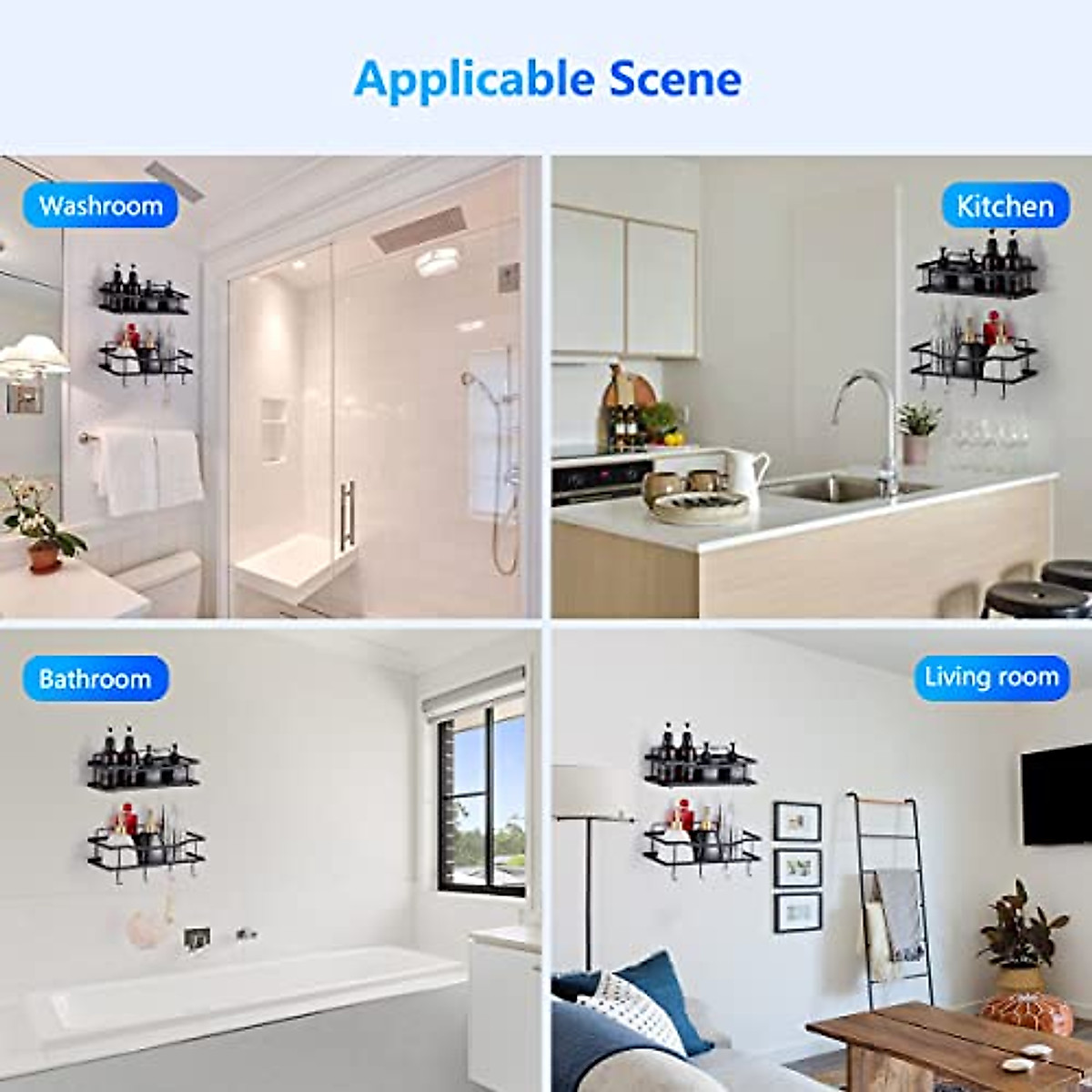 Shower Caddy Black 2-Pack Bathroom,Shower Organizer No Drilling Shower Shelves Wall Adhesive shower shelf for inside Shower Caddies with Hooks,Shower Storage Basket Shampoo Holder Organizer Kitchen