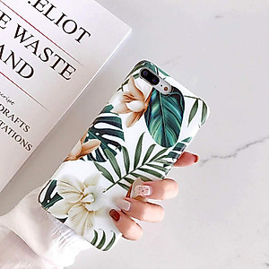 ooooops for iPhone 8 Plus Case, 7 Plus Case for Girls, Green Leaves with White&Brown Flower Pattern Design,Slim Fit Clear Soft TPU Full-Body Protective Cover for iPhone 7Plus 8Plus(Leaves&Flowers)