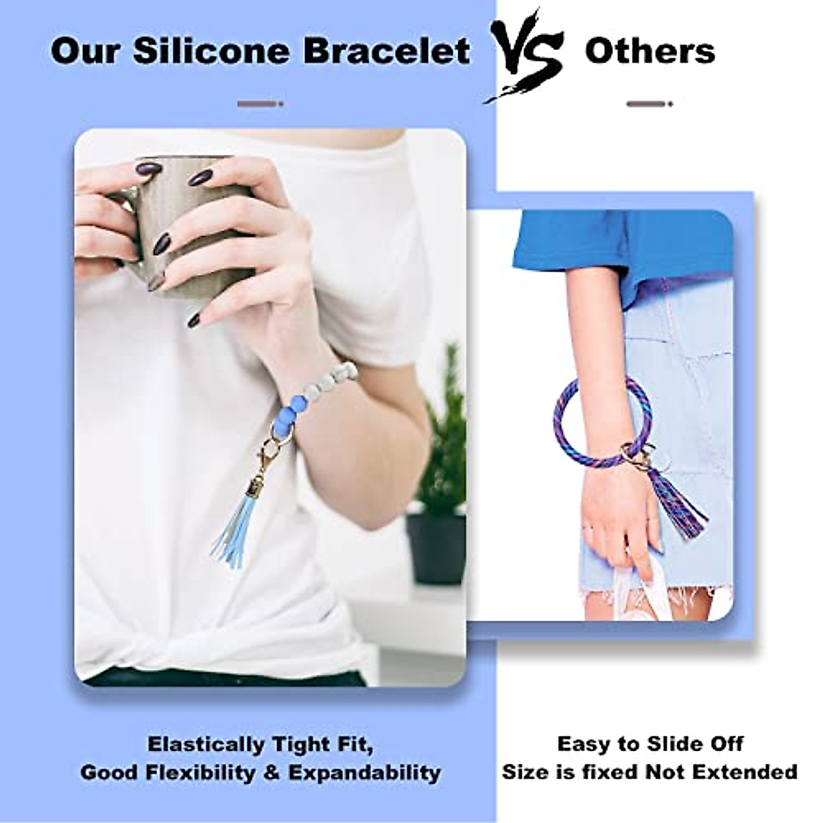 METURE Safety Keychain for Women Keychain Bracelet for Women with Personal Alarm Protection Accessories 9pcs Silicone Beaded Elastic Girl Keychain Set Girl Key Chains for Car Keys Blue