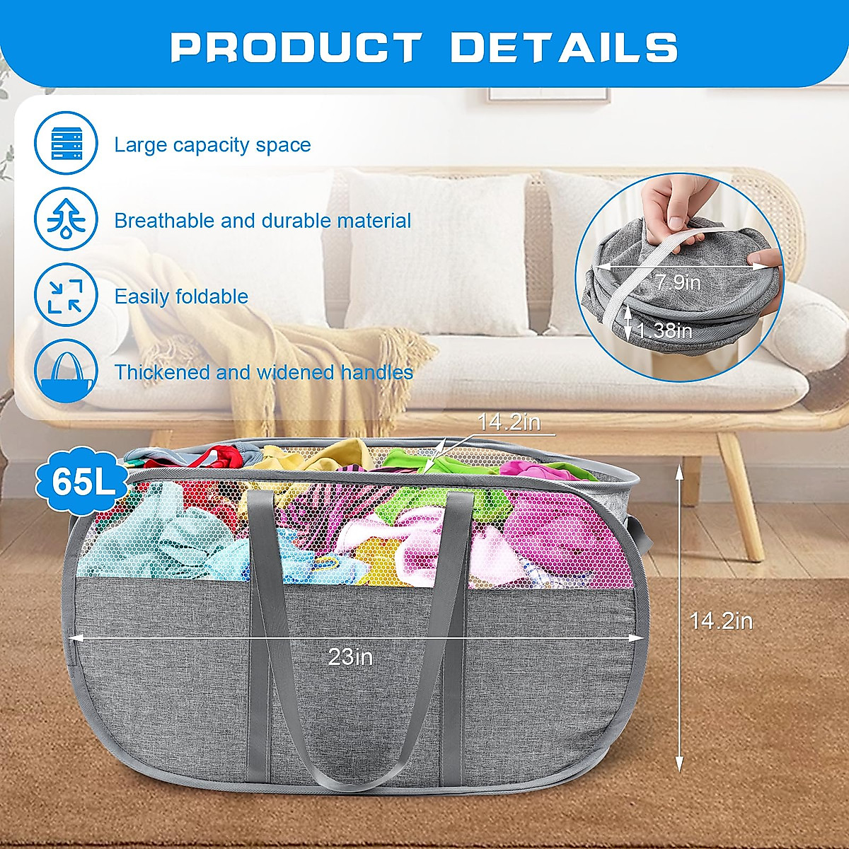 2 Pack Pop Up Laundry Hamper 65L Large Collapsible Laundry Baskets Laundry Basket with Durable Handles Mesh Laundry Hamper for Clothes Toys Perfect for Bathroom Dorm Travel Kids Room Grey+Black
