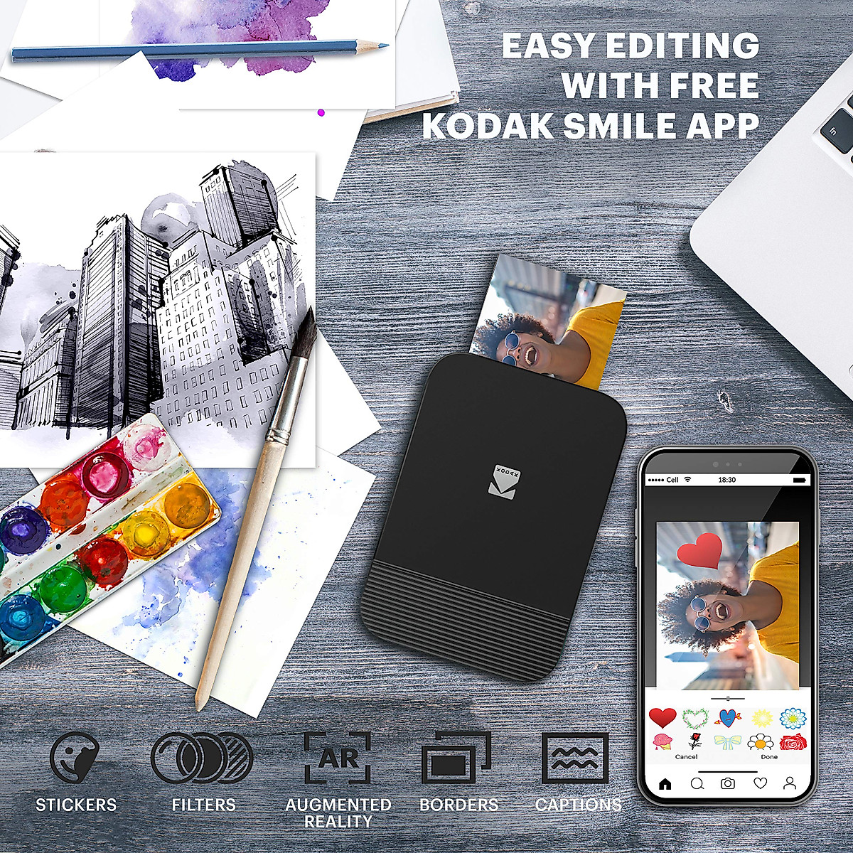 Zink KODAK Smile Instant Digital Bluetooth Printer for iPhone & Android – Edit, Print & Share 2x3 Zink Photos w/ Smile App (Black/ White)