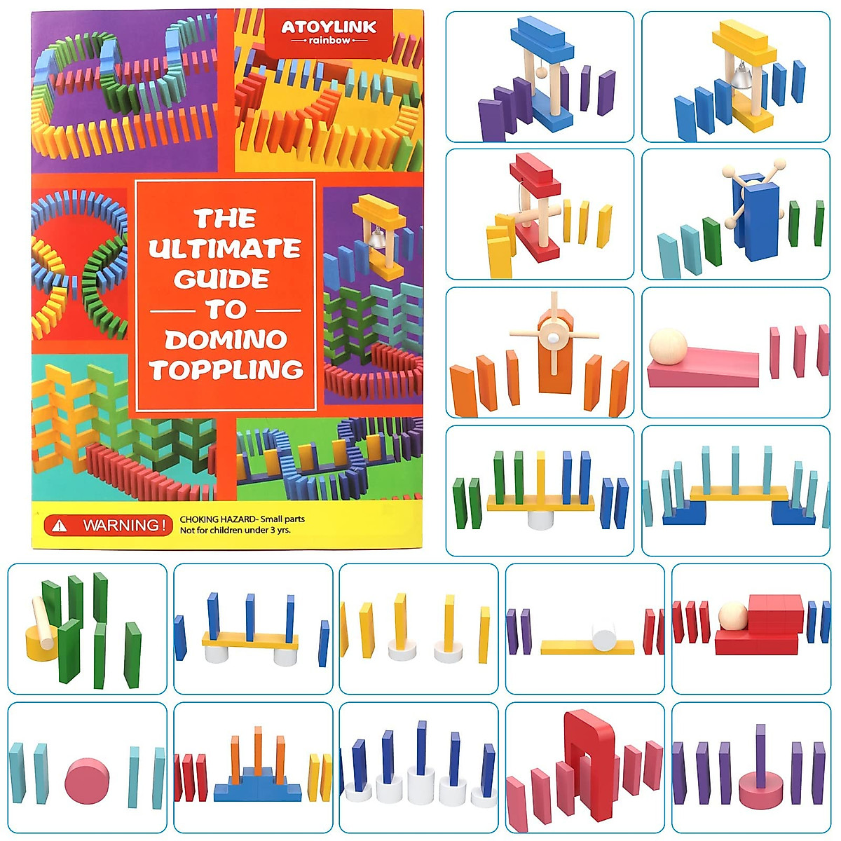 1000 PCS Dominoes for Kids Wooden Building Blocks Bulk Dominoes Set Racing Tiles Family Game for Adults and Kids with Extra 11 Add-on Blocks and Storage Bag