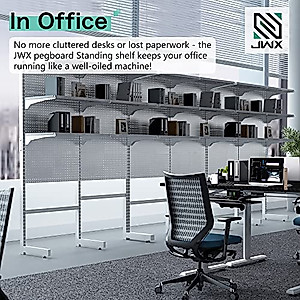 JWX Standing Shelf Unit, White Home Office Garage cabinets with Metal Pegboard and 15 Pieces Organizer Tool Holders