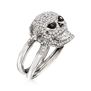 Ross-Simons 0.50 ct. t.w. Black and White Diamond Skull Ring in Sterling Silver. Size 5