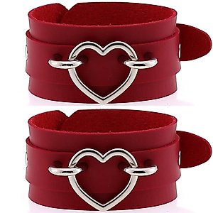 FM FM42 Punk Gothic Red PU Simulated Leather Silver-tone Heart Ring 4cm(1.57") Wide Bracelet, Pack of 2