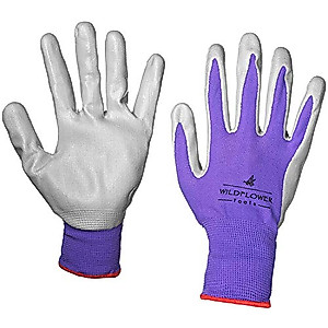 WILDFLOWER Tools Gardening Gloves for Women and Men - Nitrile Coating for Protection (Small, Purple Pair/Green Pair with White Cuff Hem)