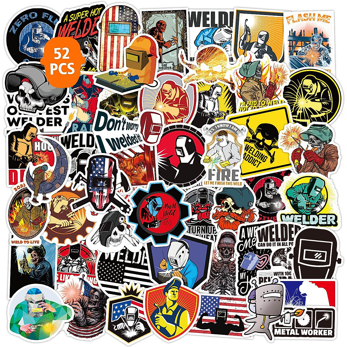 WAIO Welder Stickers 52PCS Funny Hard Hat Worker Welding Decals Pack for Water Bottle Helmet Tool Box Skateboard Decors