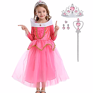 iTVTi Girls Princess Dress Up Halloween Party Costume with Crown Wand Earrings Ring, Pink, 5-6 Years (Label 130)