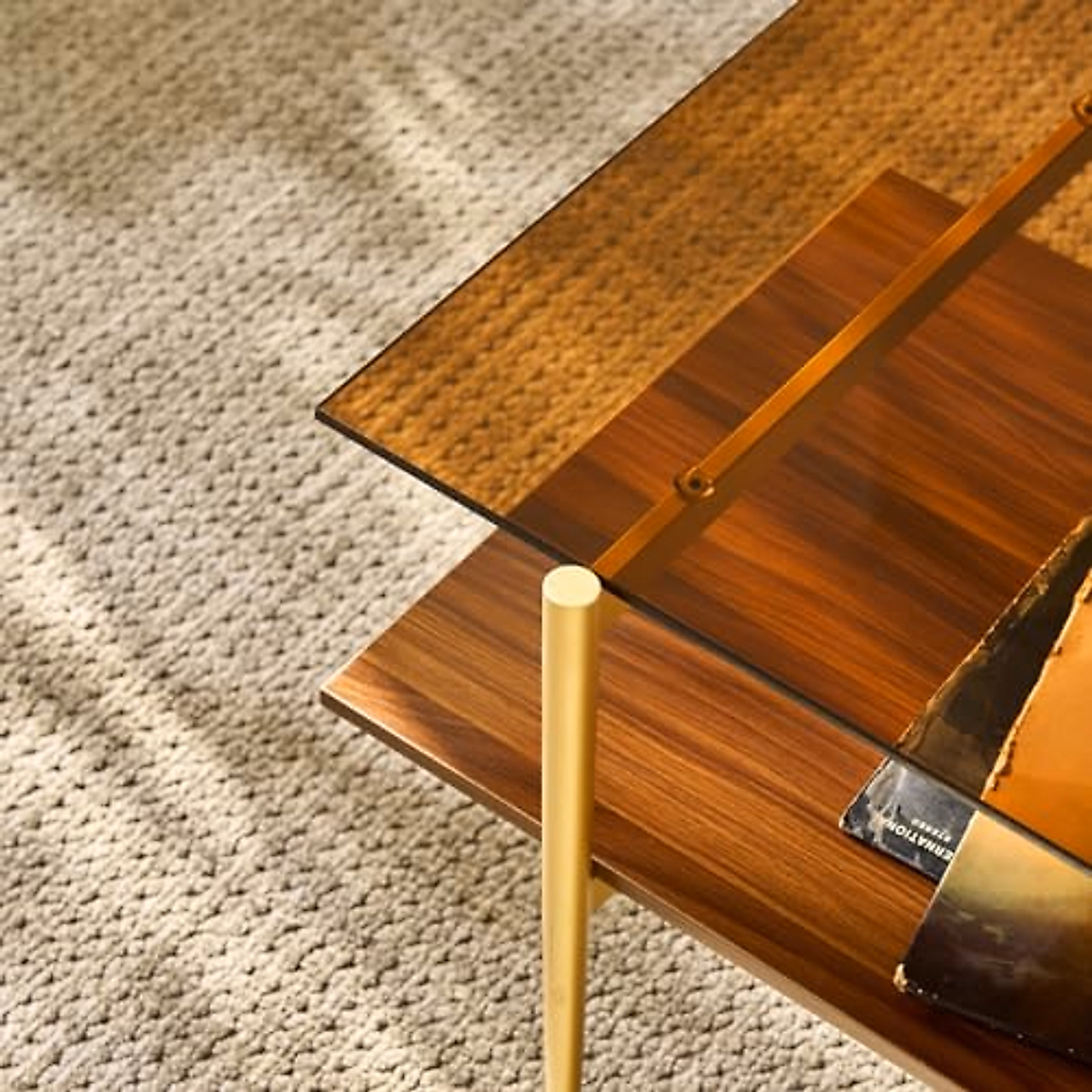 Saint Mossi Tadio Double Layer Glass Coffee Table for Living Room, Brown Glass & Coffee Brown MDF Bottom Shelf