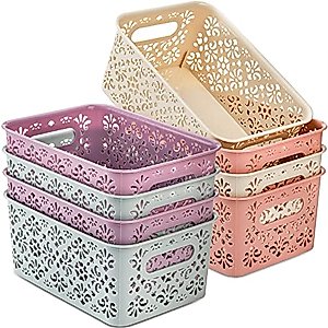 Frcctre 8 Pack Plastic Storage Baskets with Handle, Portable Hollow Desktop Storage Baskets, Stackable Organize Bins for Home, Bathroom, Classrooms, Office, School, Flower Pattern