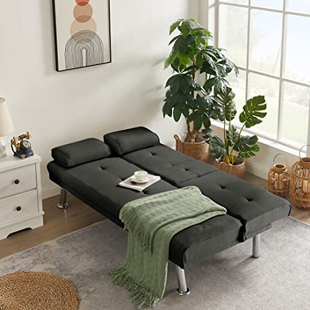 Eafurn Convertible Sofa Bed, Adjustable Modern Futon Couch-Breathable Fabric Folding Lounge Loveseat Reversible Daybed Easy to Clean-Ideal for Bedroom, Dark Gray Linen
