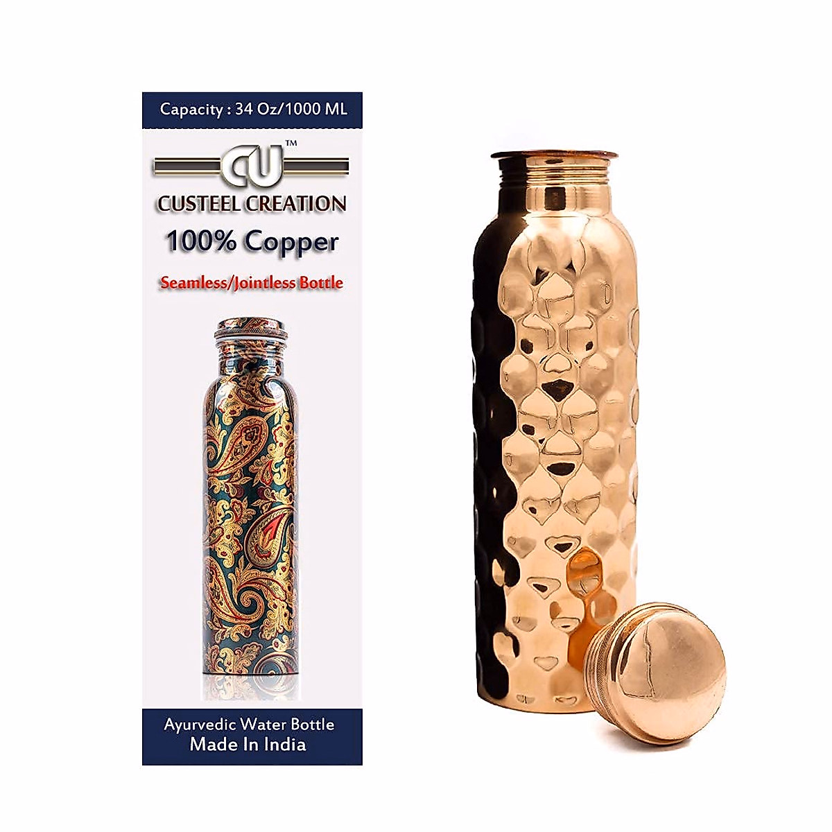 Custeel Creation Pure Copper 1L Water Bottle - (99.74%) Jointless Seamless Copper Flask (Diamond Finish)