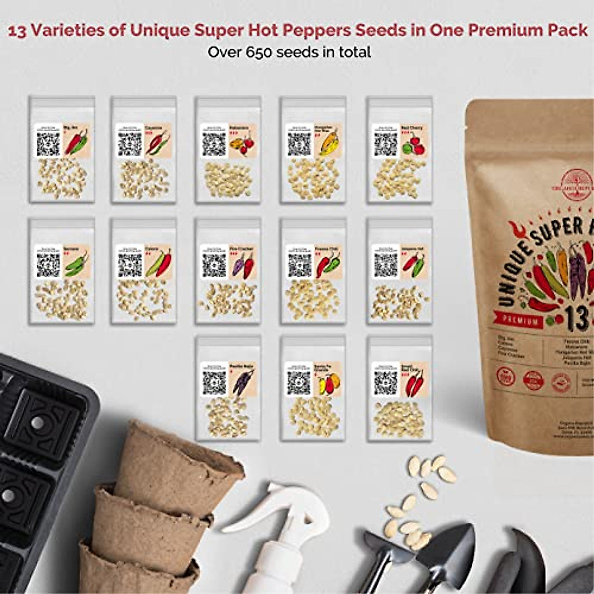 13 Rare Hot Chili Pepper Seeds Variety Pack for Planting Indoor & Outdoors. 650+ Non-GMO Bulk Pepper Garden Seeds Kit: Jalapeno, Cayenne, Serrano, Habanero, Pasilla Bajio, Santa Fe, Fresno & More