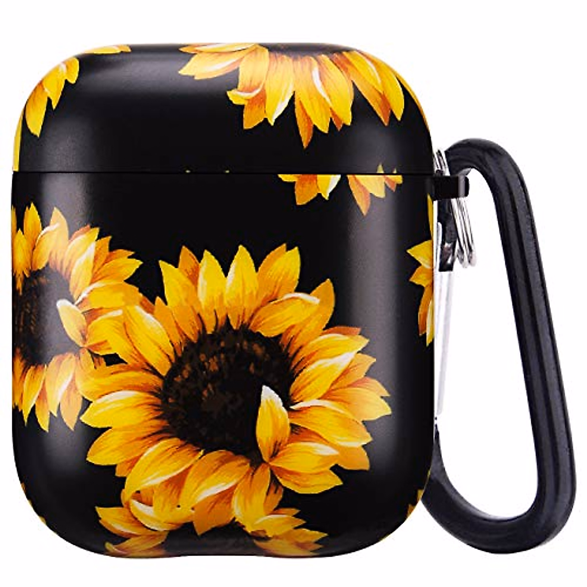 Qokey Compatible with Airpods Case,Flower Floral Pattern Cute Case for Women Girls Soft Silicone Wireless Charging Case Chrome Keychain Portable & Shockproof Accessories Kit for AirPods 1/2 Sunflowers