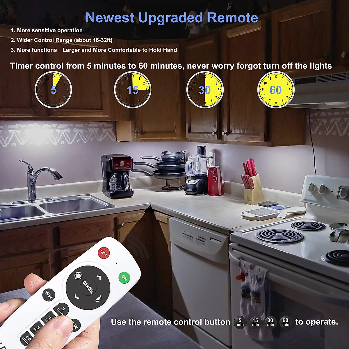 Under Cabinet Lights with Remote, Wireless LED Battery Operated Motion Sensor Light Indoor Stick-on Anywhere Counter Night Lights for Kitchen, Cabinet, Closet, Hallway Stairway 4 Pack