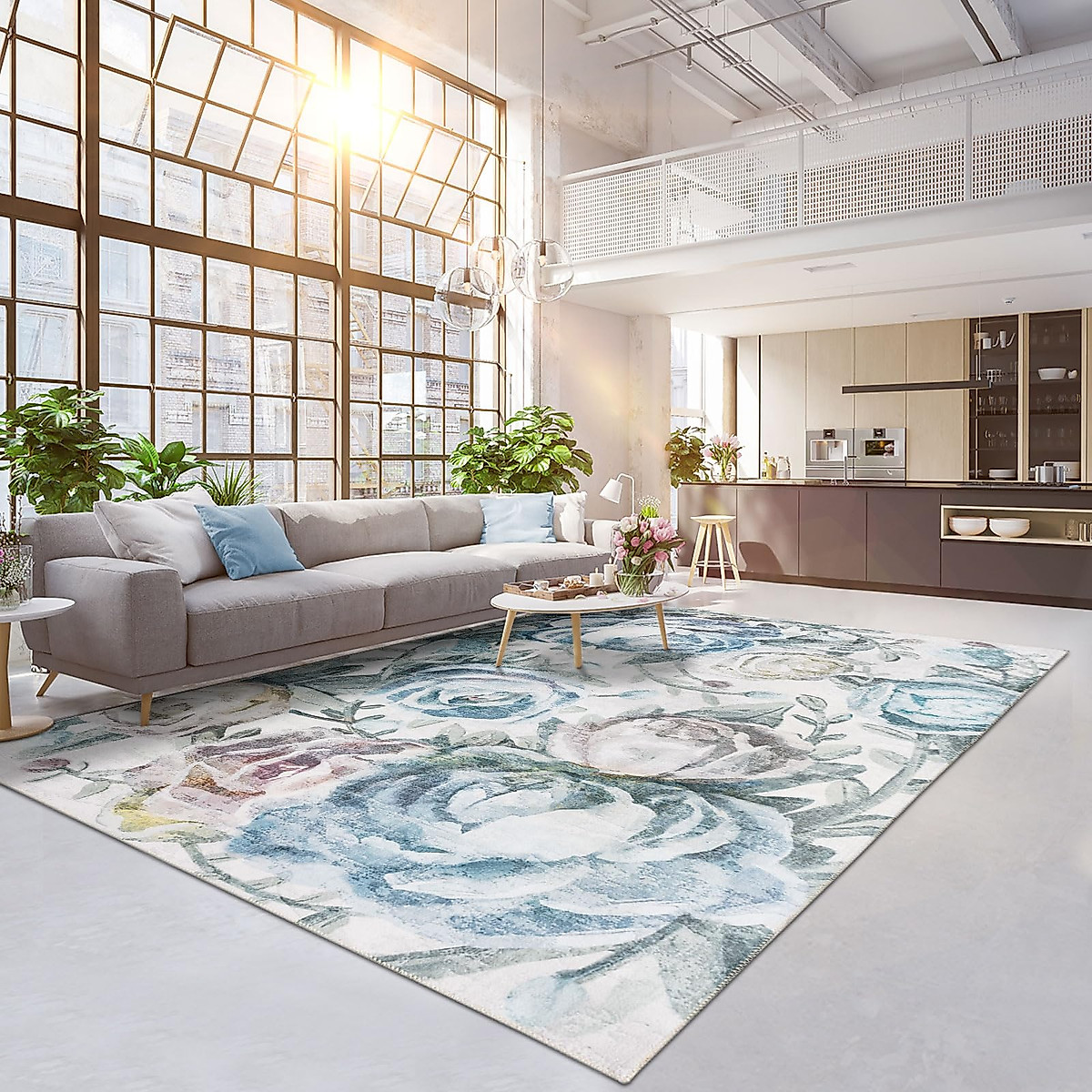 DECOMALL Jasmine Washable Area Rugs 9x12ft, Colorful Modern Floral Non Slip Rug, Soft and Thin Large Carpet for Living Room Bedroom,9x12ft Blue/Multi