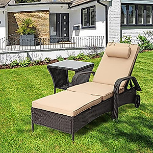Fit Choice 2 Piece Wicker Patio Chaise Lounge Set, Patio Lounge Chair W/Wheels, 5 Adjustable Back Position, Pressure Relief Cushion, W/ 1 Tempered Glass Bistro Table Dark Grey