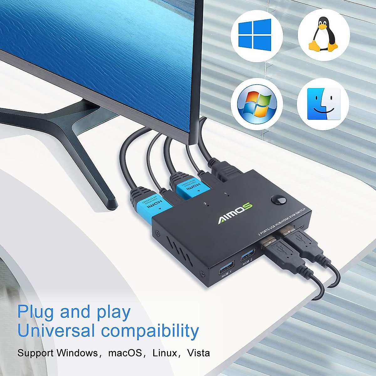 HDMI KVM Switch for 2 Computers 1 Monitor, 4K@30Hz KVM Swicher for 2 Computers Share Keyboard Mouse and one HD Monitor, with 2 HDMI Cables and 2 USB Cable