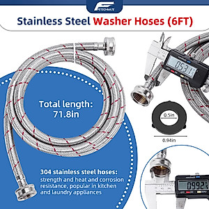 6FT Stainless Steel Washing Machine Hoses 3/4" NPT Connection Red and Blue Braid Water Supply Lines by Fetechmate Hot and Cold Premium Washer Hoses (2 Pack) - 10 YEAR WARRANTY